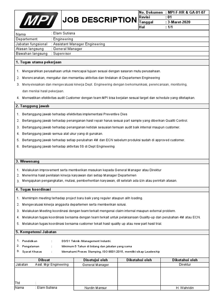 Job Desc Engineering 2020 | PDF