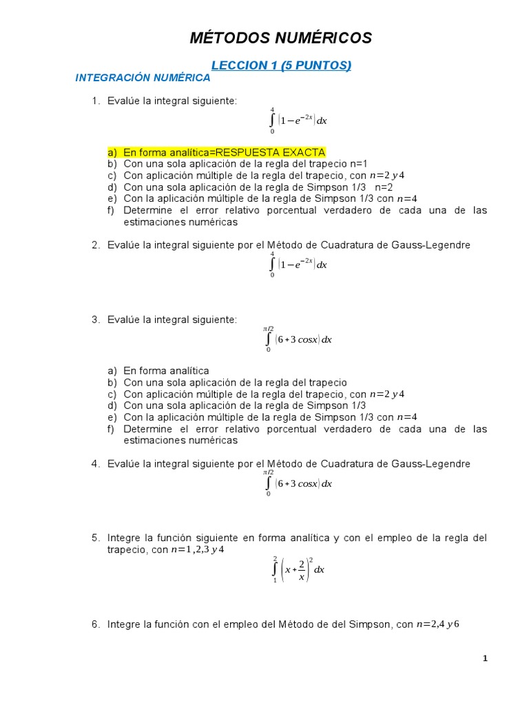 Leccion 1 Evaluacion de Integrales | Descargar gratis PDF | Integral | Matemáticas