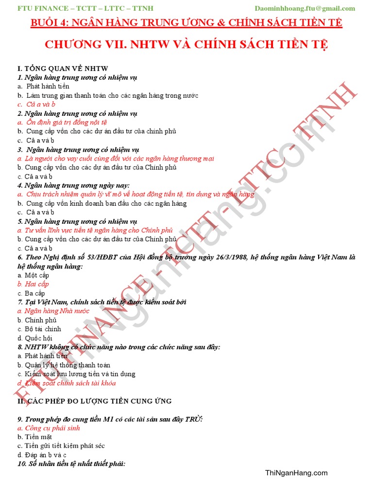 Dap An 93 Cau Hoi Trac Nghiem Ve Ngan Hang Trung Uong Va Chinh Sach Tien Te TCTT | PDF