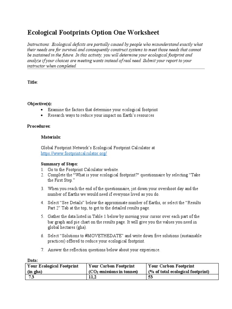 Ecological Footprints Worksheet Option One | PDF | Nature | Earth Sciences