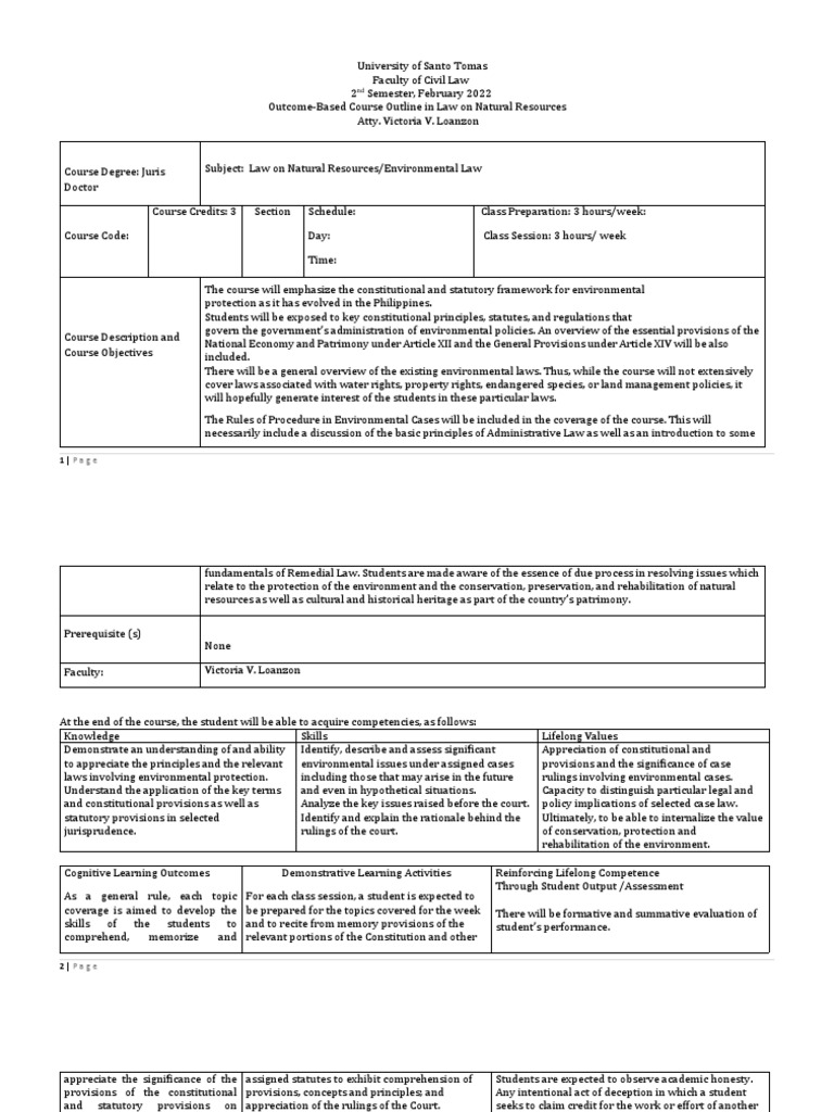 UST Course - LNR Outline February 2022 | PDF | Environmental Law | Learning