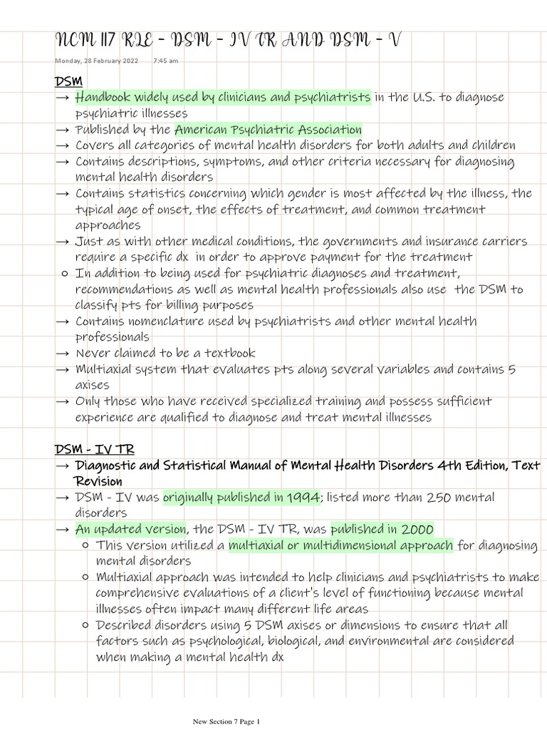 NCM 117 Rle - DSM - Iv TR and DSM - V | PDF | Mental Disorder ...