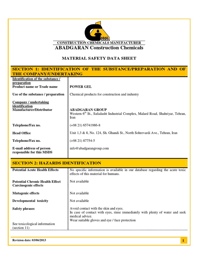 Power Gel - MSDS | PDF | Dangerous Goods | Waste Management