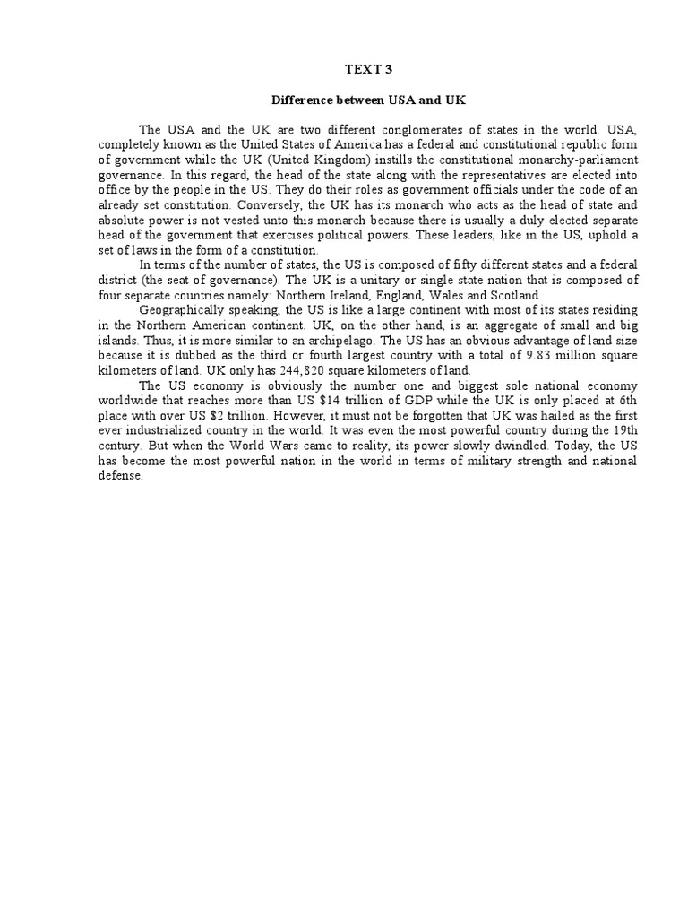 TEXT 3 Difference Between USA and UK | PDF