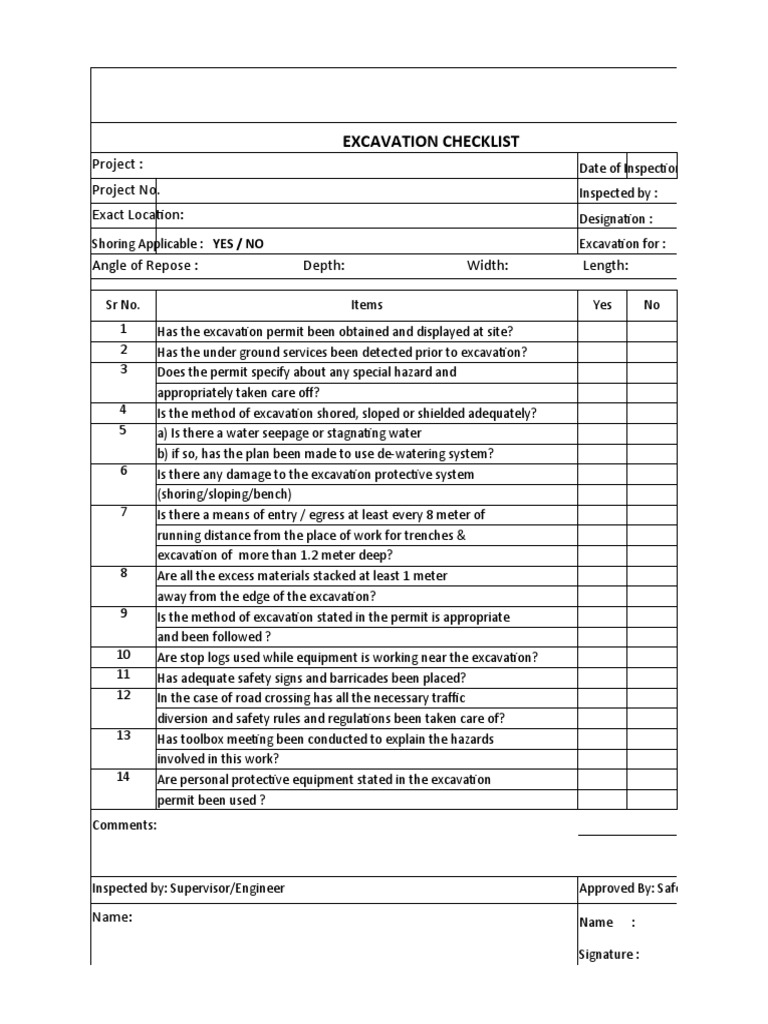 F-019-Excavation Checklist | PDF | Safety