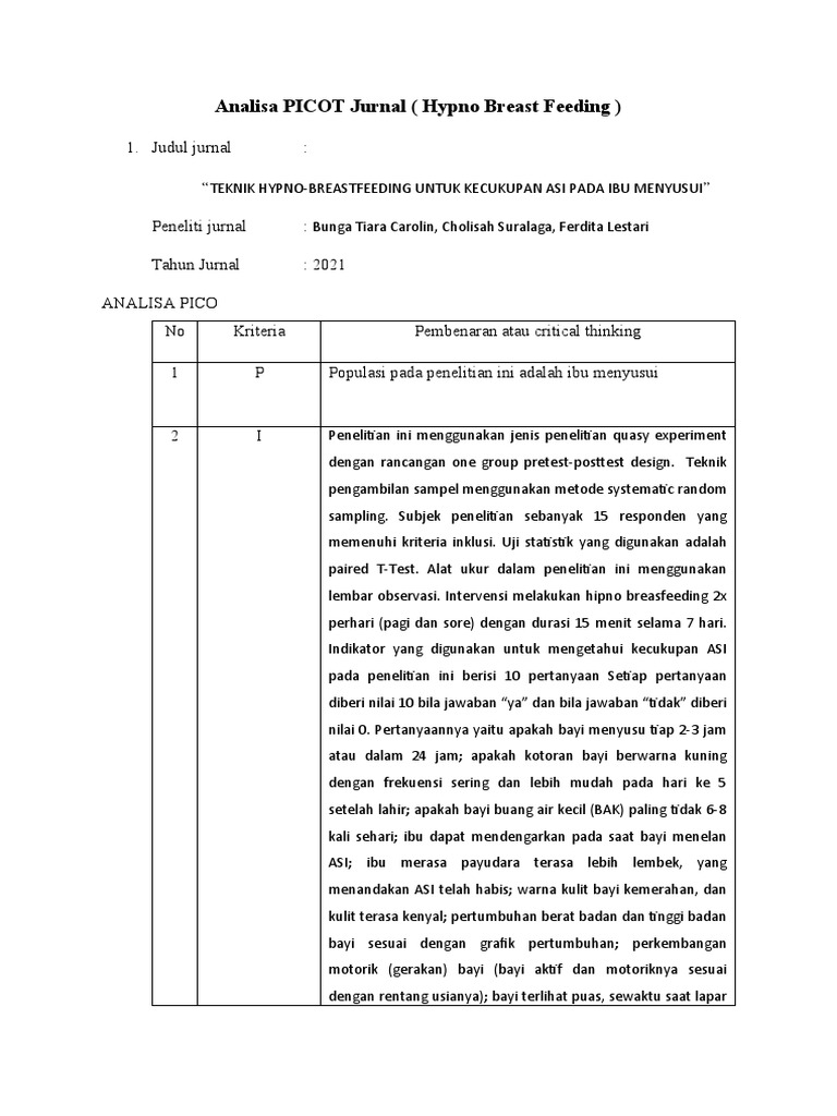 Analisa PICOT Jurnal Hypno Breastfeeding | PDF
