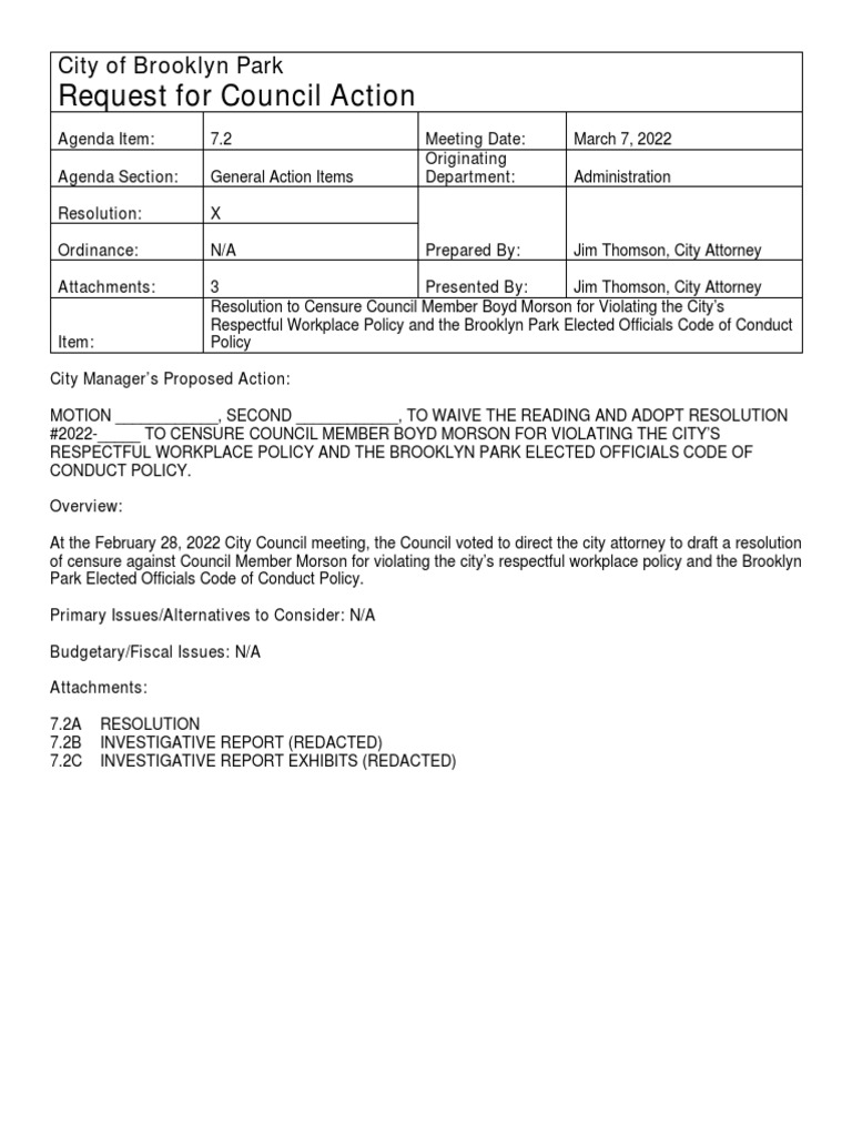 Morson Censure Resolution 03-07-2022 | PDF | Complaint | Harassment
