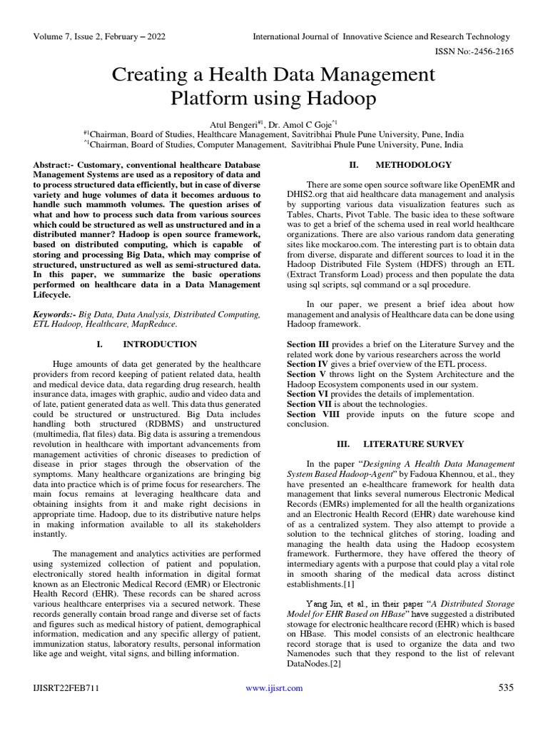 Creating A Health Data Management Platform Using Hadoop | PDF | Electronic Health Record | Data ...