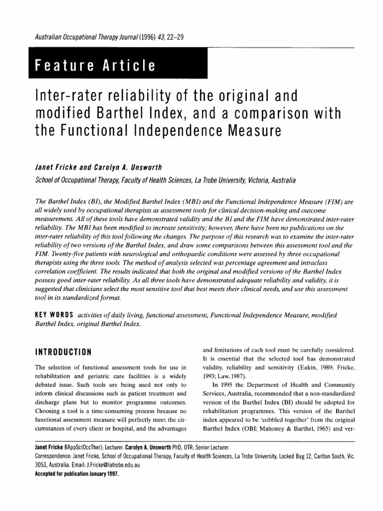 Inter-Rater Reliability of The Original and Modified Barthel Index, and ...