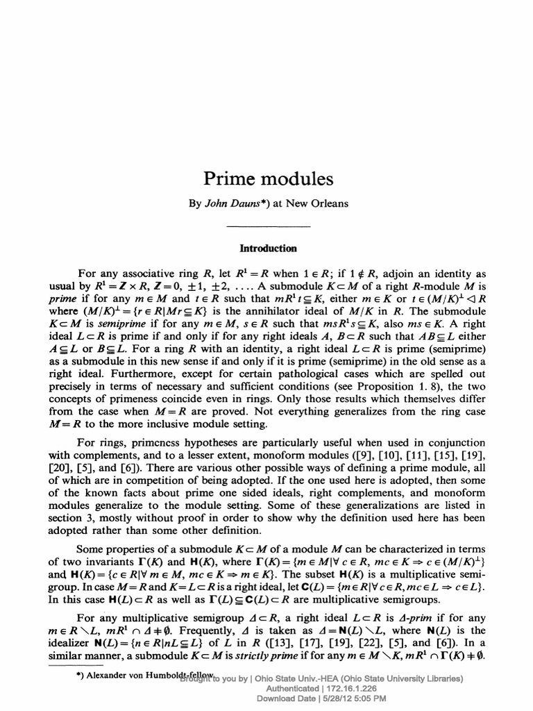 Dauns Prime Module 1978 | PDF | Module (Mathematics) | Ring (Mathematics)