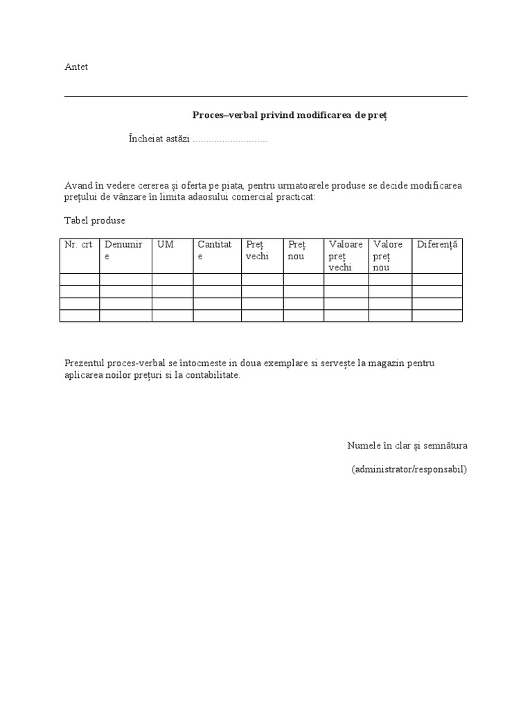 Proces Verbal de Modificare Pret | PDF