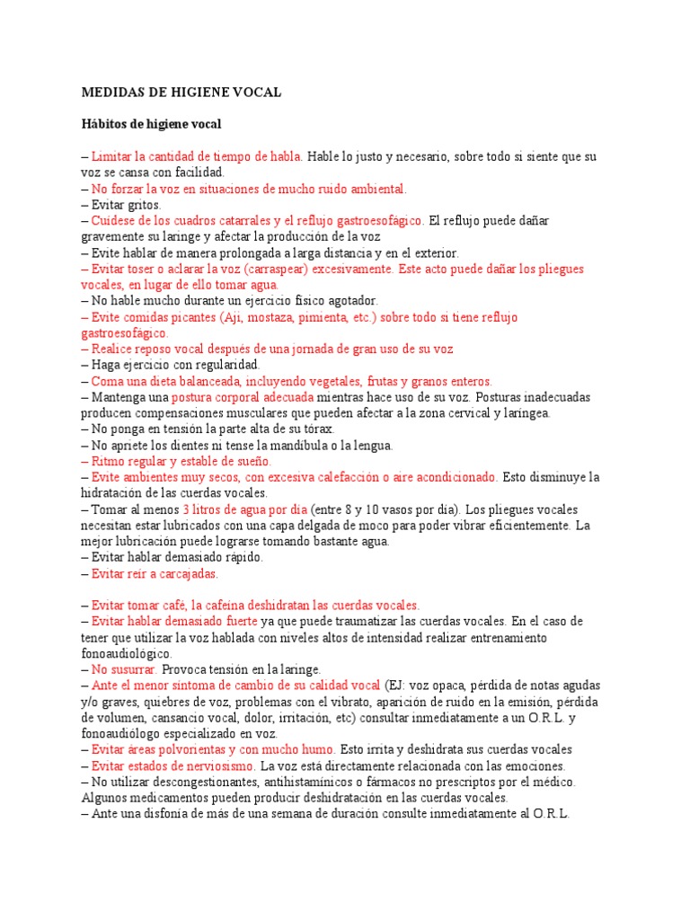 Medidas de Higiene Vocal | PDF | Especialidades Medicas | Medicina CLINICA