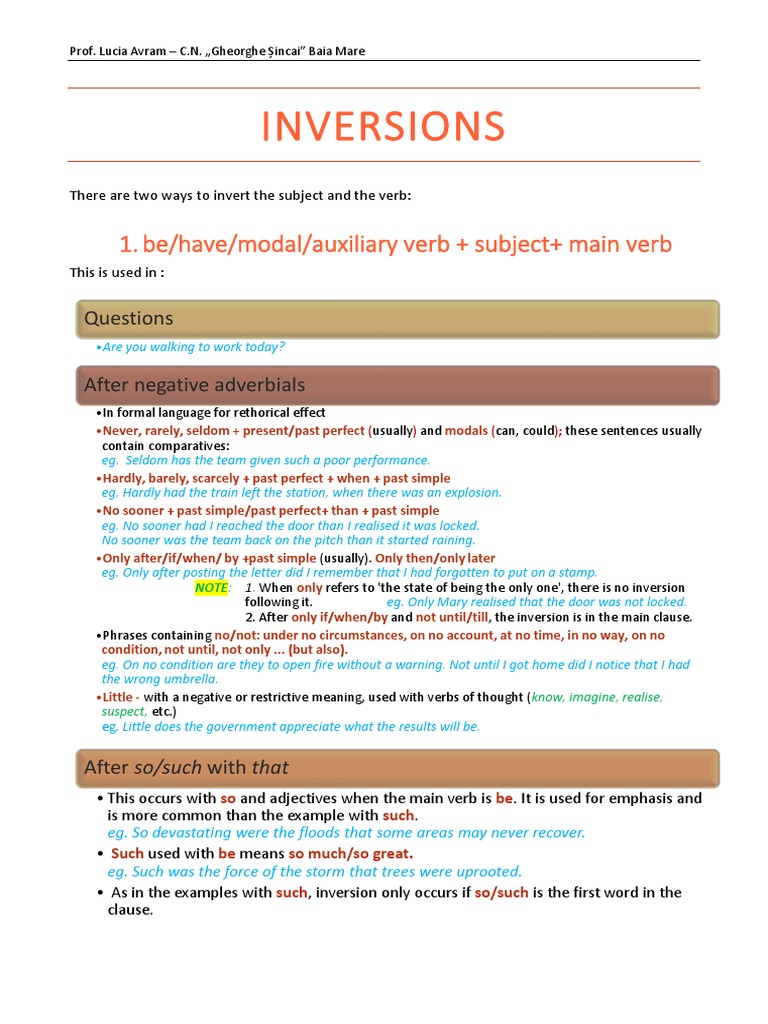Inversions: 1. Be/have/modal/auxiliary Verb + Subject+ Main Verb | PDF ...