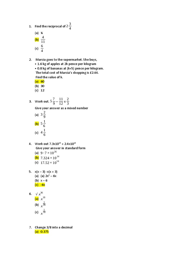Mathematics Test Questions and Answers | PDF | Elementary Mathematics ...