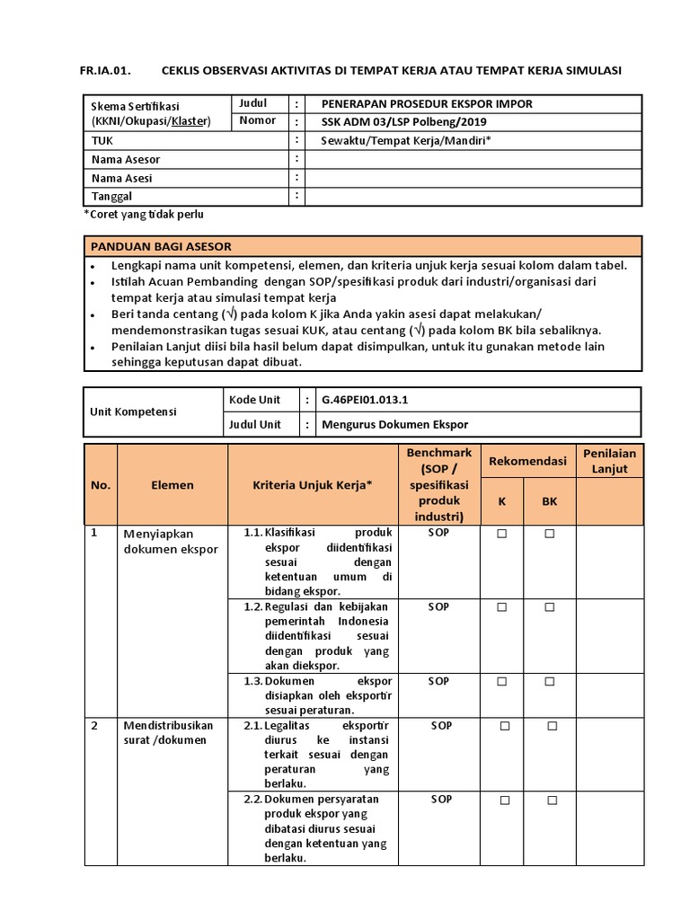Ok - 9 FR - Ia.01. Ceklis Observasi Aktivitas Di Tempat Kerja Atau Tempat Kerja Simulasi | PDF