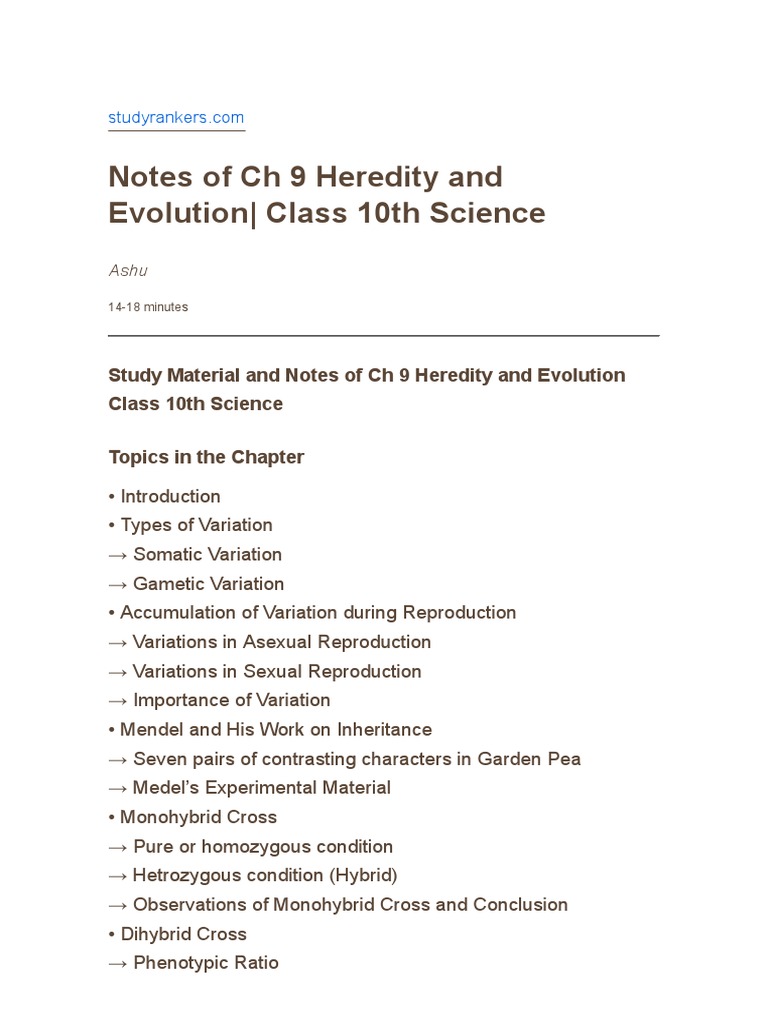 Notes of CH 9 Heredity and Evolution Class 10th Science | PDF ...