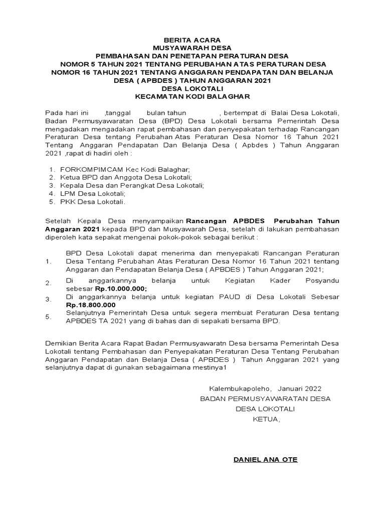 BERITA ACARA PERUBAHAN APBDes 2021 | PDF
