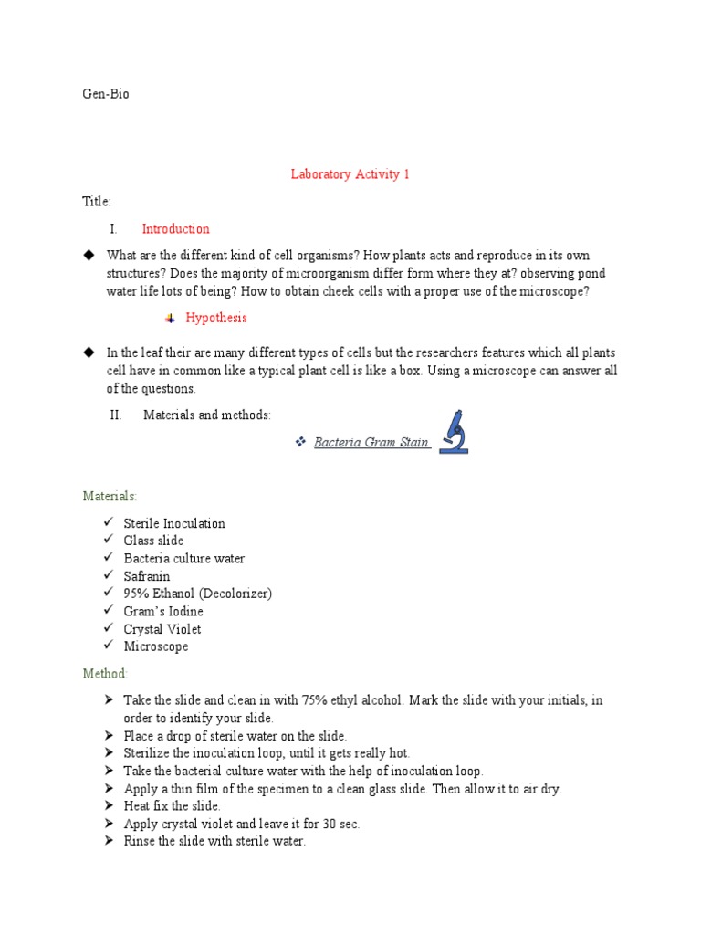 Laboratory Activity 1: Materials | PDF | Cell (Biology) | Staining