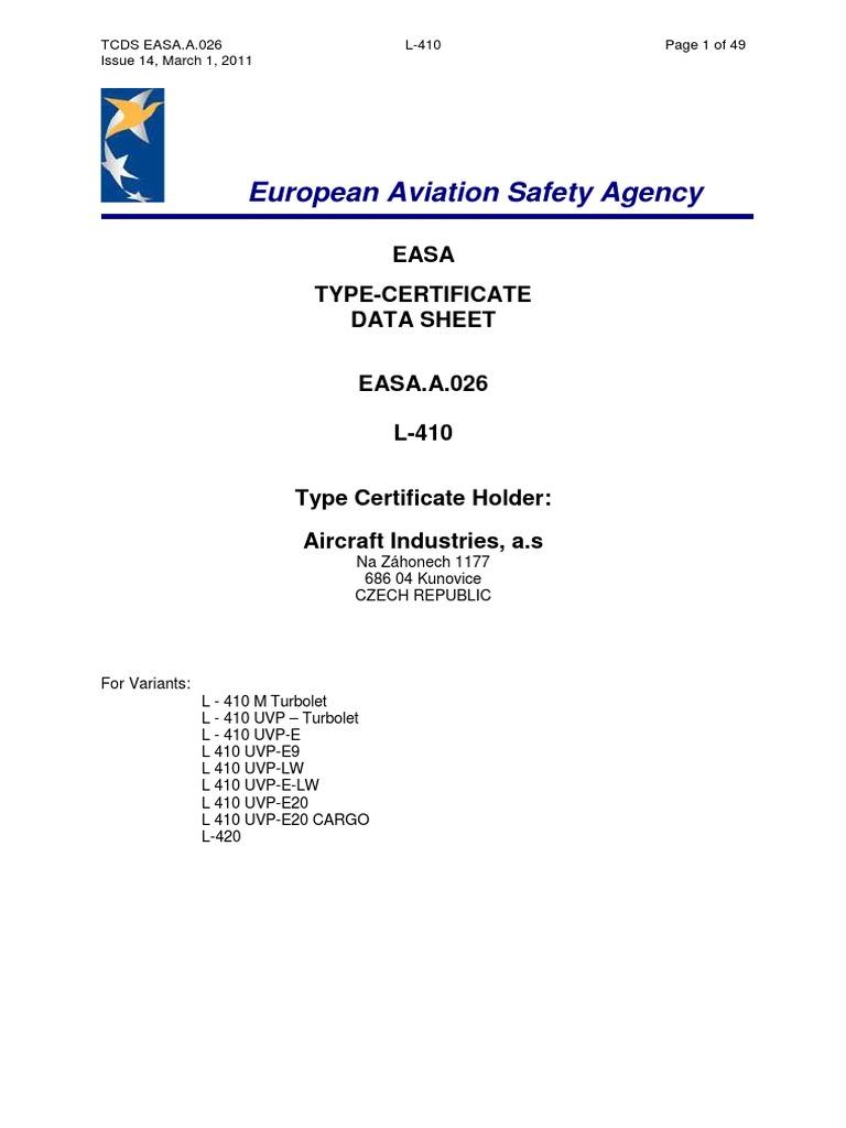 Easa TCDS A.026 - L 410 14 01032011 | PDF | Aeronautics | Aerospace