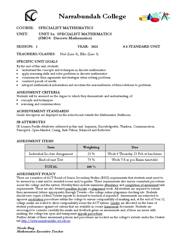 Narrabundah College: Course: Specialist Mathematics Unit: Unit 8A ...