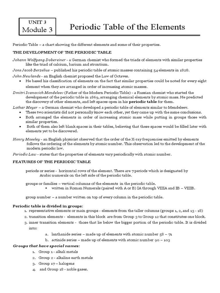 Periodic Table of The Elements: Unit 3 | PDF | Periodic Table | Metals