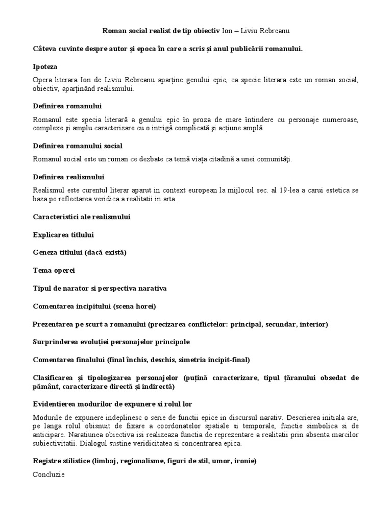 Schema Roman Eseu Bac Subiectul III | PDF