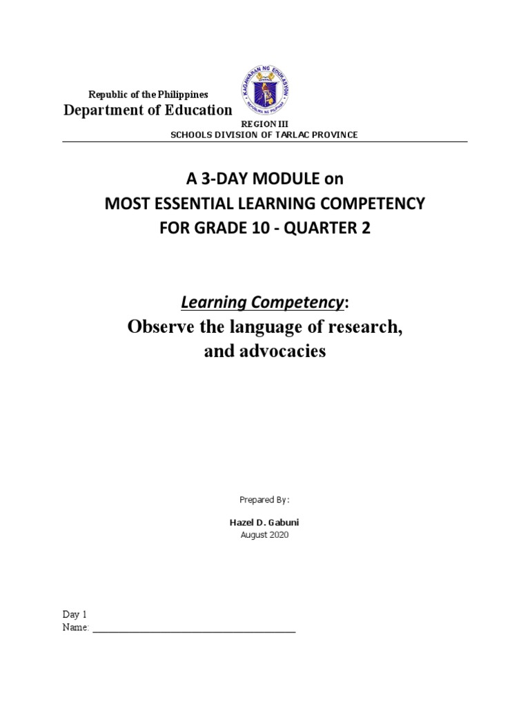 A 3-Day Module On Most Essential Learning Competency For Grade 10 ...