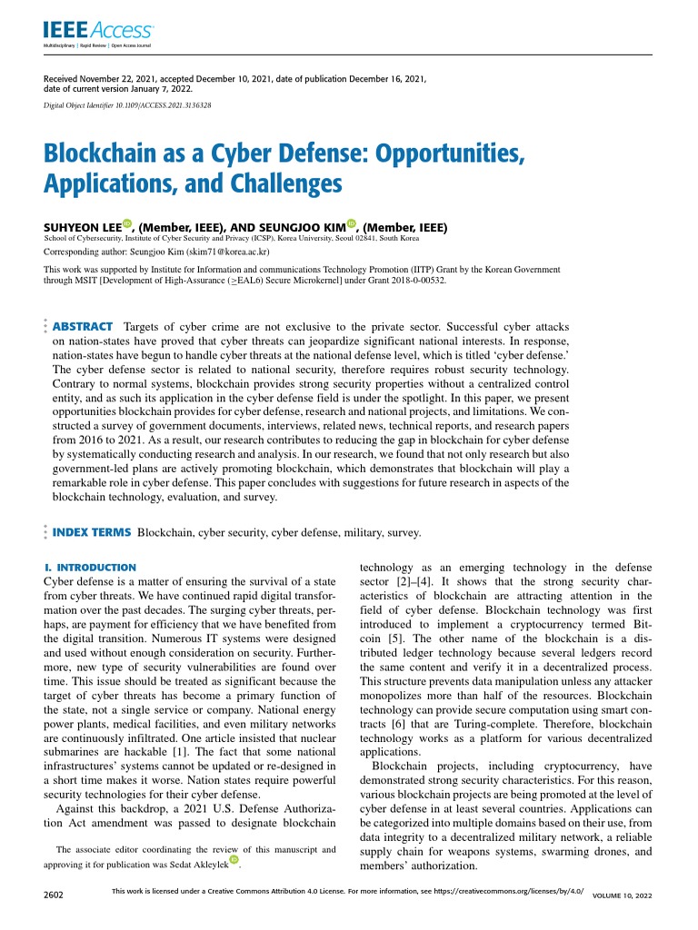 Blockchain As A Cyber Defense: Opportunities, Applications, and ...