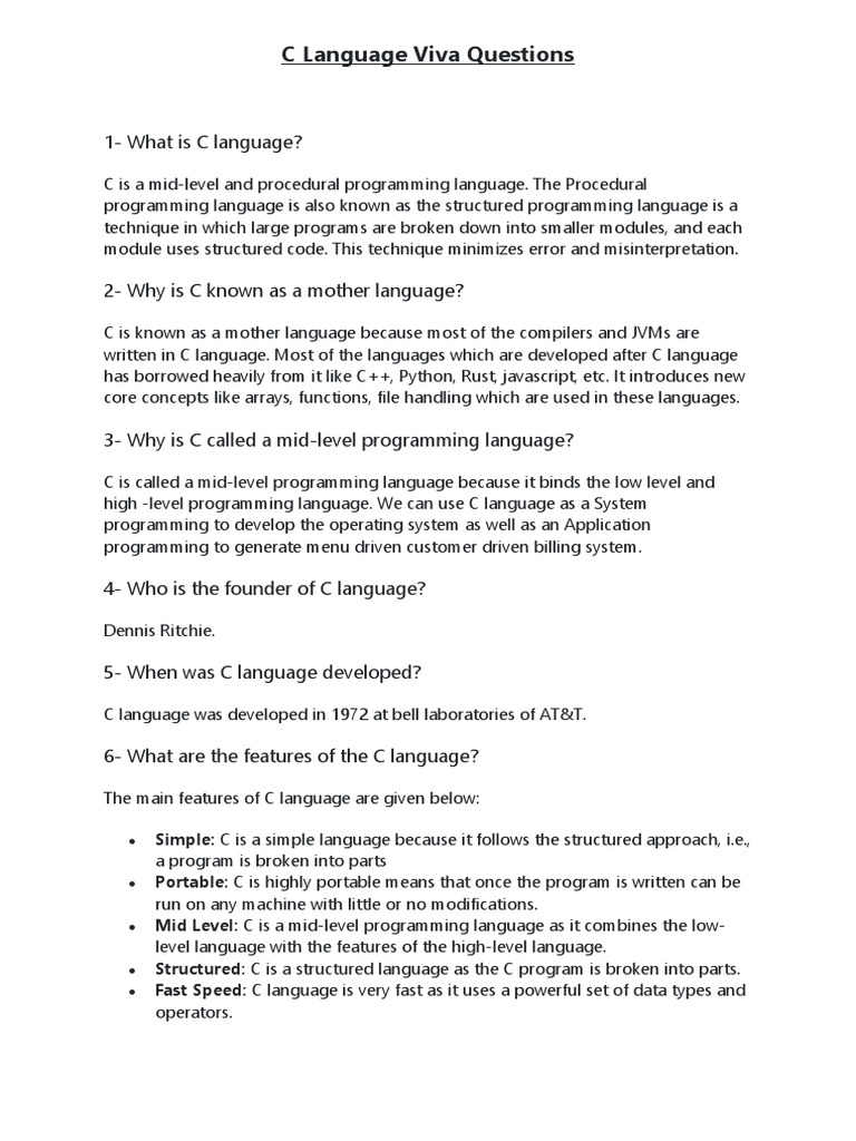 C Language Viva Questions | PDF | Pointer (Computer Programming ...