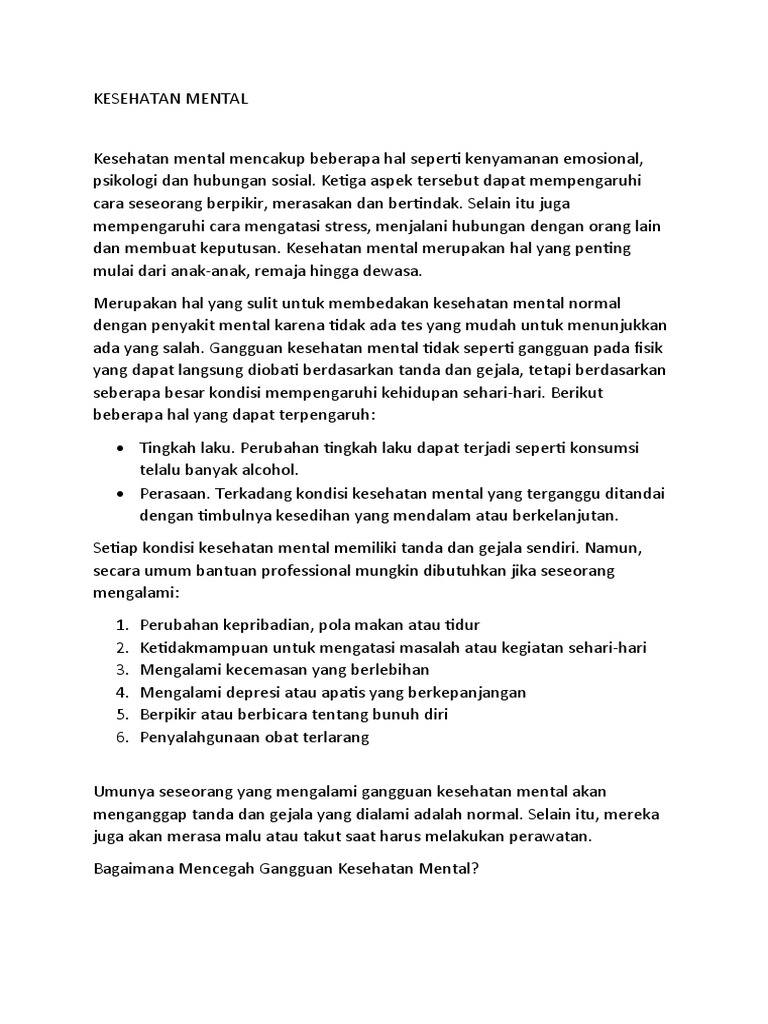 Pentingnya Kesehatan Mental dan Cara Mencegahnya | PDF | Pengembangan Diri | Kesehatan Holistik