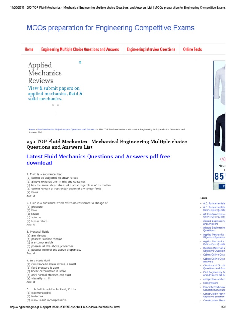 250 TOP MCQ Fluid Mechanics - Mechanical Engineering Multiple Choice ...