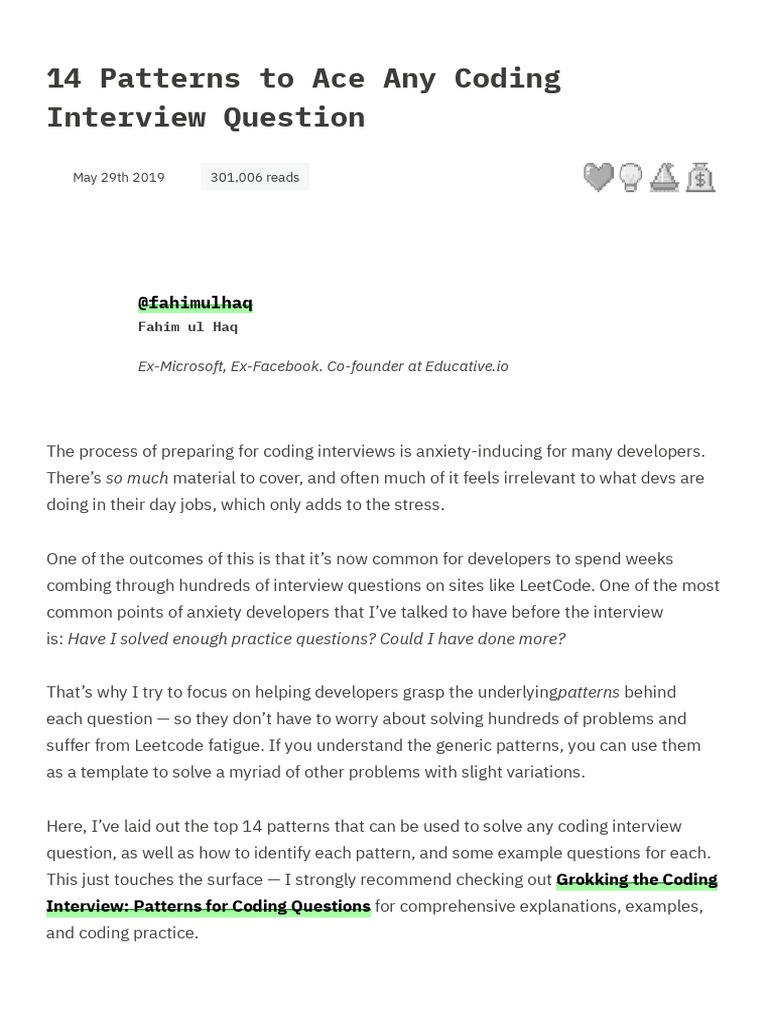 14 Patterns to Ace Coding Interviews | PDF | Combinatorics | Discrete ...