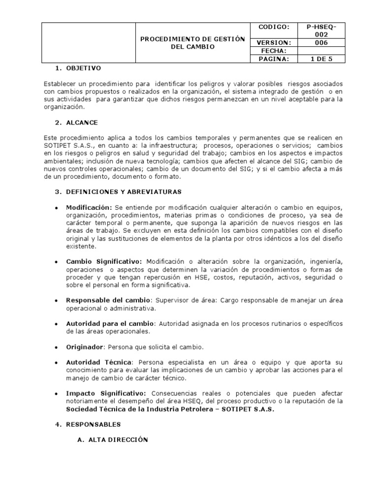P-HSEQ-002 Procedimiento Gestión Del Cambio | PDF | Sistema de ... P-HSEQ-002 Procedimiento Gestión Del Cambio | PDF | Sistema de ...