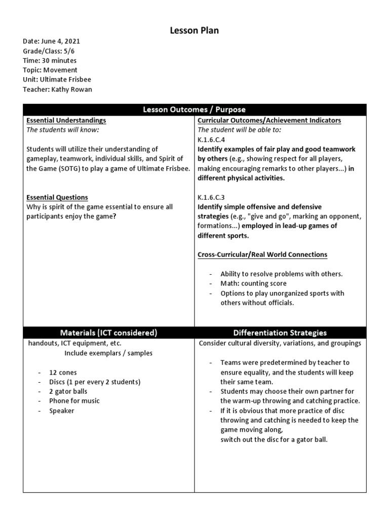 Lesson Plan - Ultimate Frisbee | PDF