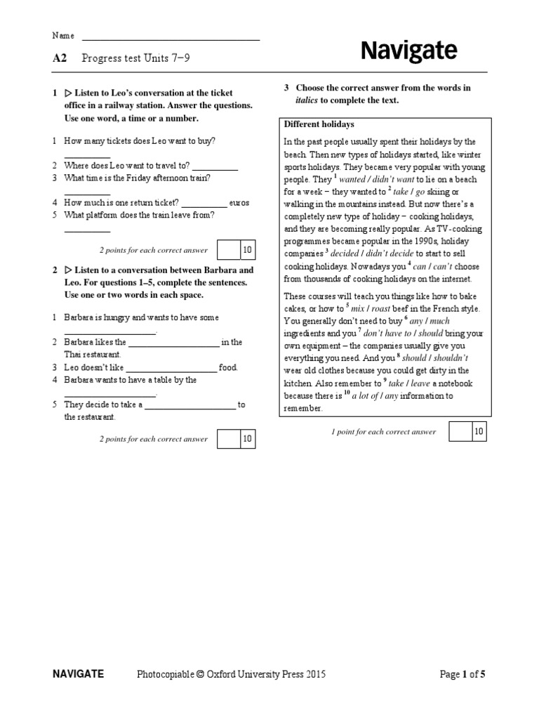 Progress Test 3A (Units 7-9) Navigate Intermediate | PDF