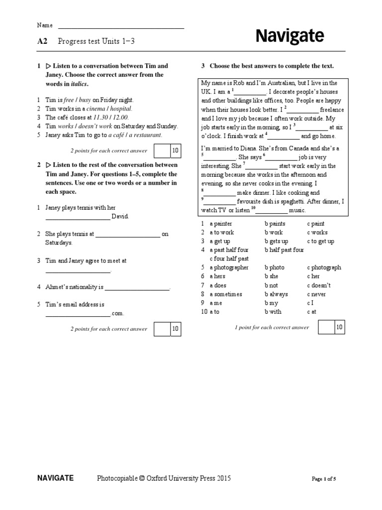 Progress Test 1B (Units 1-3) Navigate Intermediate | PDF