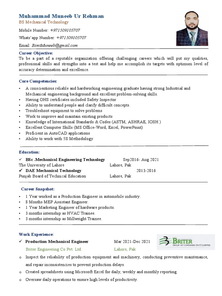 Engr Muneeb CV | PDF | Pipe (Fluid Conveyance) | Engineering