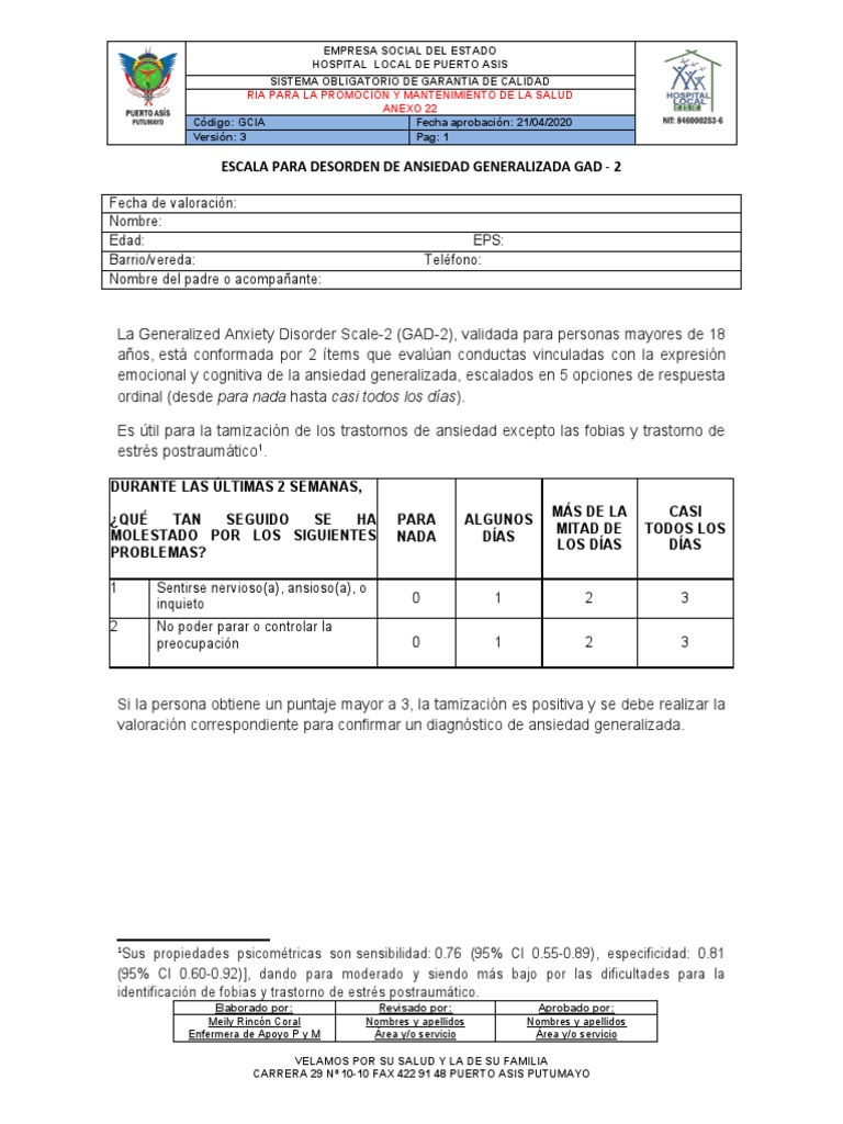 Escala GAD-2 para Ansiedad Generalizada | PDF | Ansiedad | Psicología ...