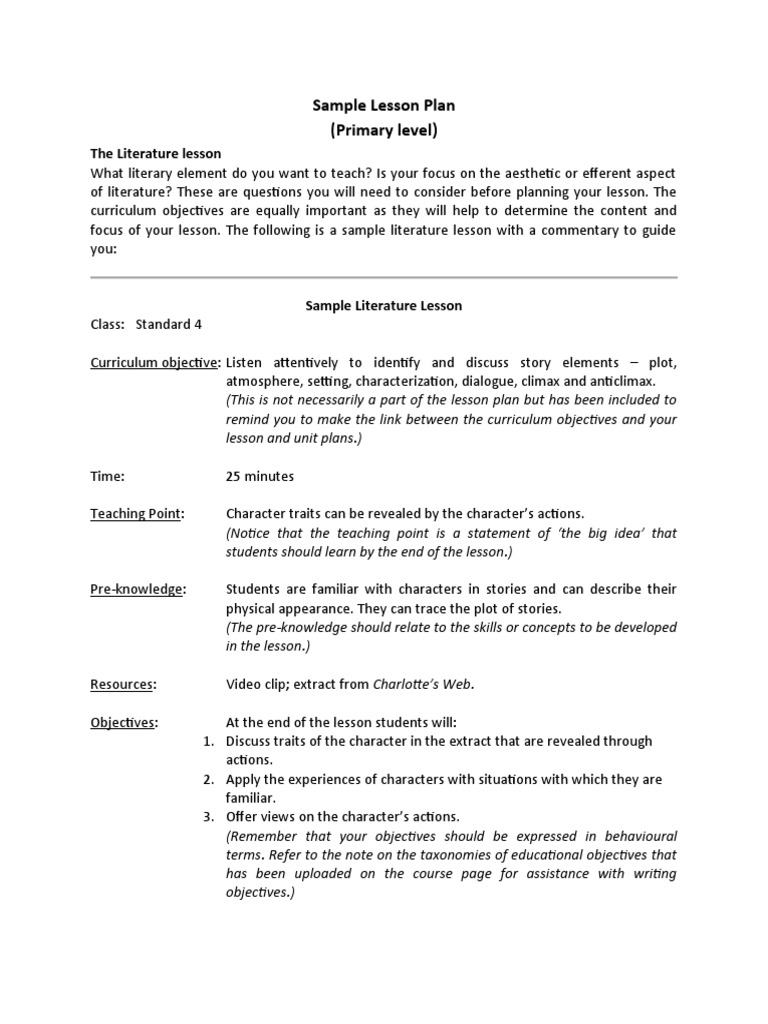 Sample Literature Lesson Plan | PDF | Curriculum | Lesson Plan
