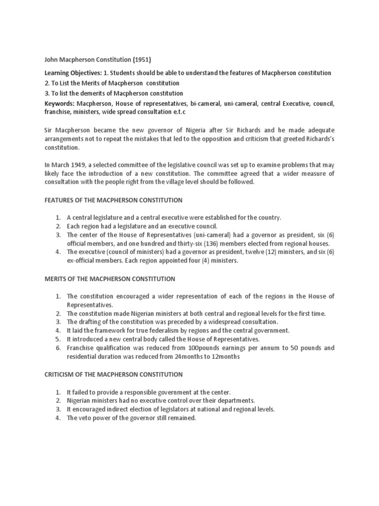 MacPherson Constitution of 1951 PDF | PDF