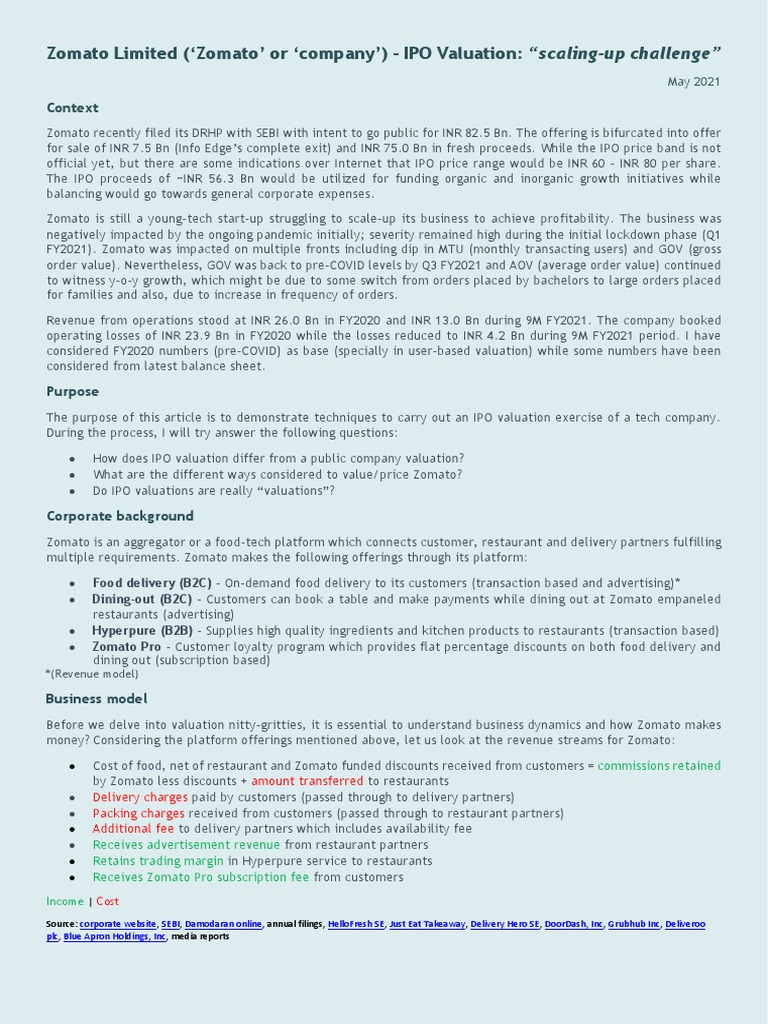 Zomato Limited ( Zomato' or Company') - IPO Valuation: "Scaling-Up ...