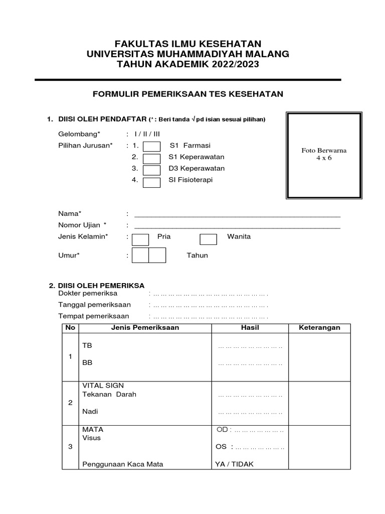 Form Tes Kesehatan 22-23 | PDF