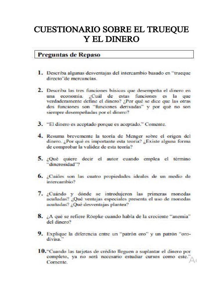 Cuestionario Sobre El Trueque y El Dinero | PDF
