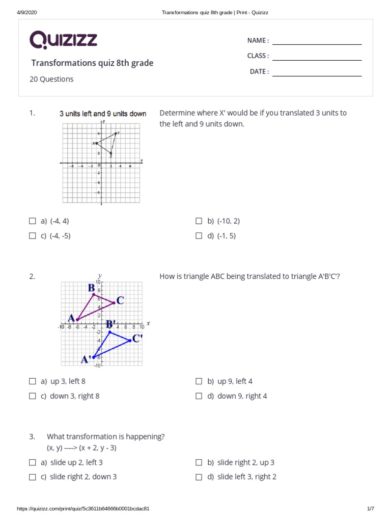 Transformations Quiz 8th Grade - Print - Quizizz | PDF | Cartesian ...