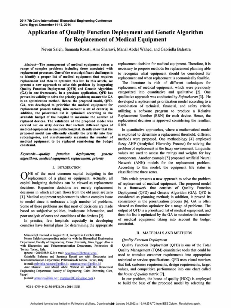 Application of Quality Function Deployment and Genetic Algorithm For Replacement of Medical ...