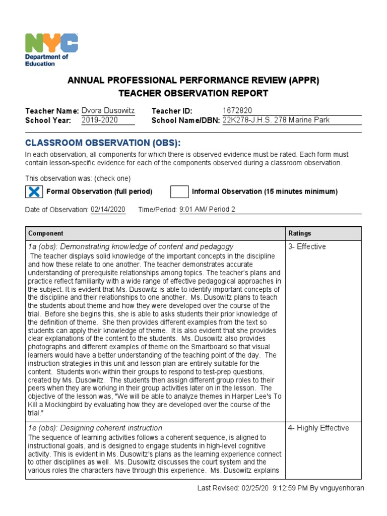 Teacher Observation Report 2019-2020 | PDF | Teachers | Lesson Plan