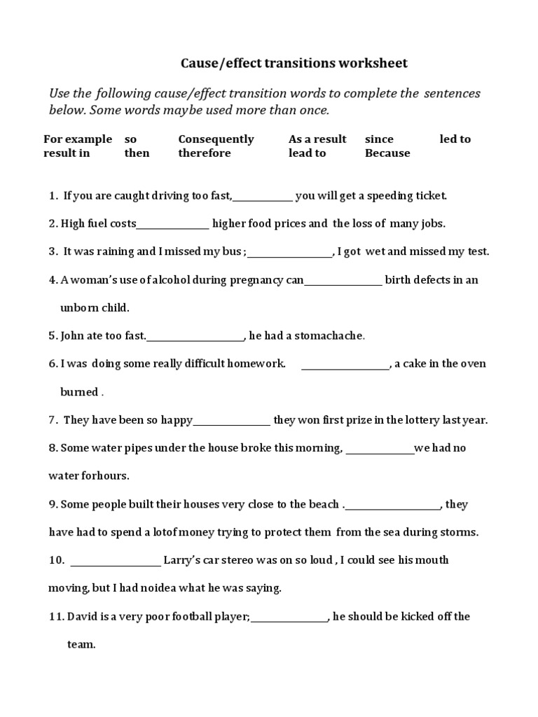 Cause and Effect Transition Worksheet | PDF