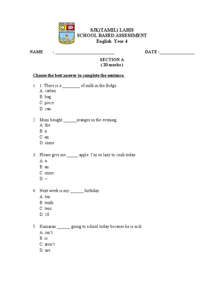Name: - DATE: - Section A (20 Marks) Choose The Best Answer To Complete ...