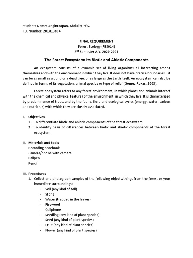 The Forest Ecosystem: Its Biotic and Abiotic Components: Final ...