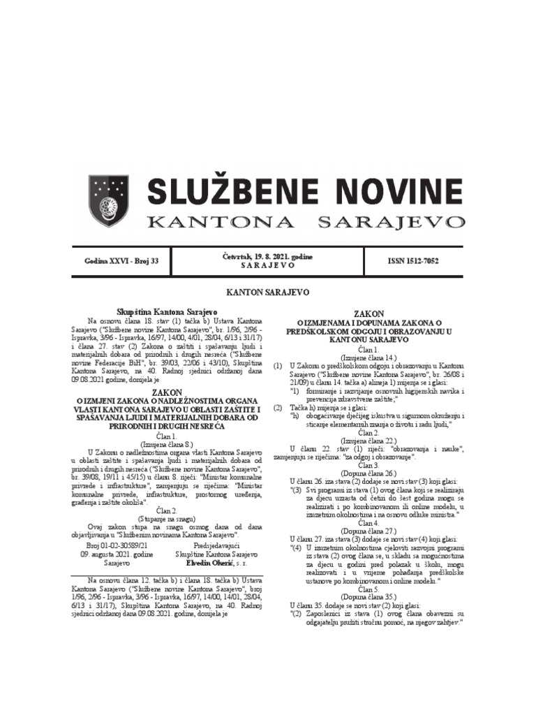 Zakon o Izmjenama I Dopunama Zakona o Predskolskom Odgoju I Obrazovanju U Kantonu Sarajevo Sl ...